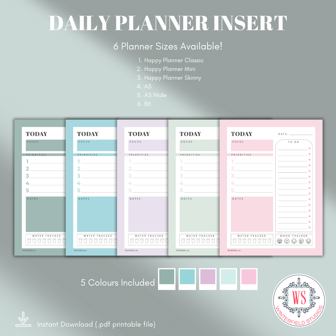 Daily Planner Page Printable Insert - 5 Colours – Winterfield Studios