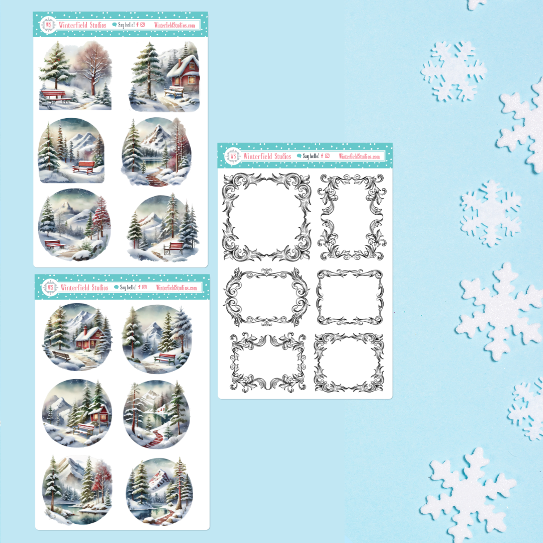 Snowy Winter Tree & Mountain Art Deco Scenes & Functional Stickers ...