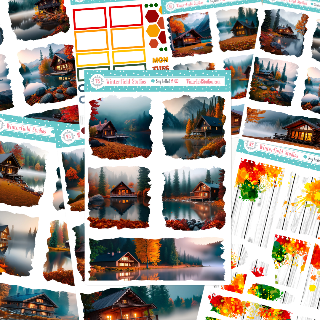 Cozy Autumn Log Cabin Scenes Planner Sticker Kit – Winterfield Studios